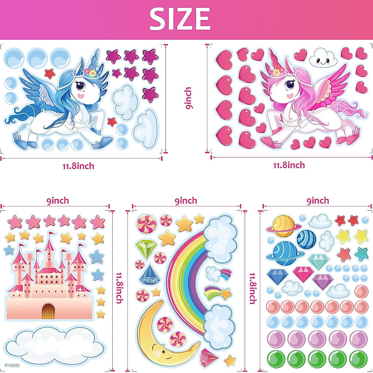 Glow in The Dark Stars Glowing Unicorn Wall Decals Glowing Unicorn Wall Stickers with Stars Moon Castle Rainbow Planet Heart Room Decor for Girls Bedroom Ceiling Baby Nursery Room