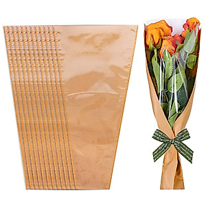 Whaline 50Pcs Flower Wrapping Bags Christmas Kraft Paper Floral Packing Sleeves Bouquet Bags Clear Flower Wrapping Sleeves for Thanksgiving Wedding Birthday Mother's Day Gift, 9.8x3.9x17.9 Inch