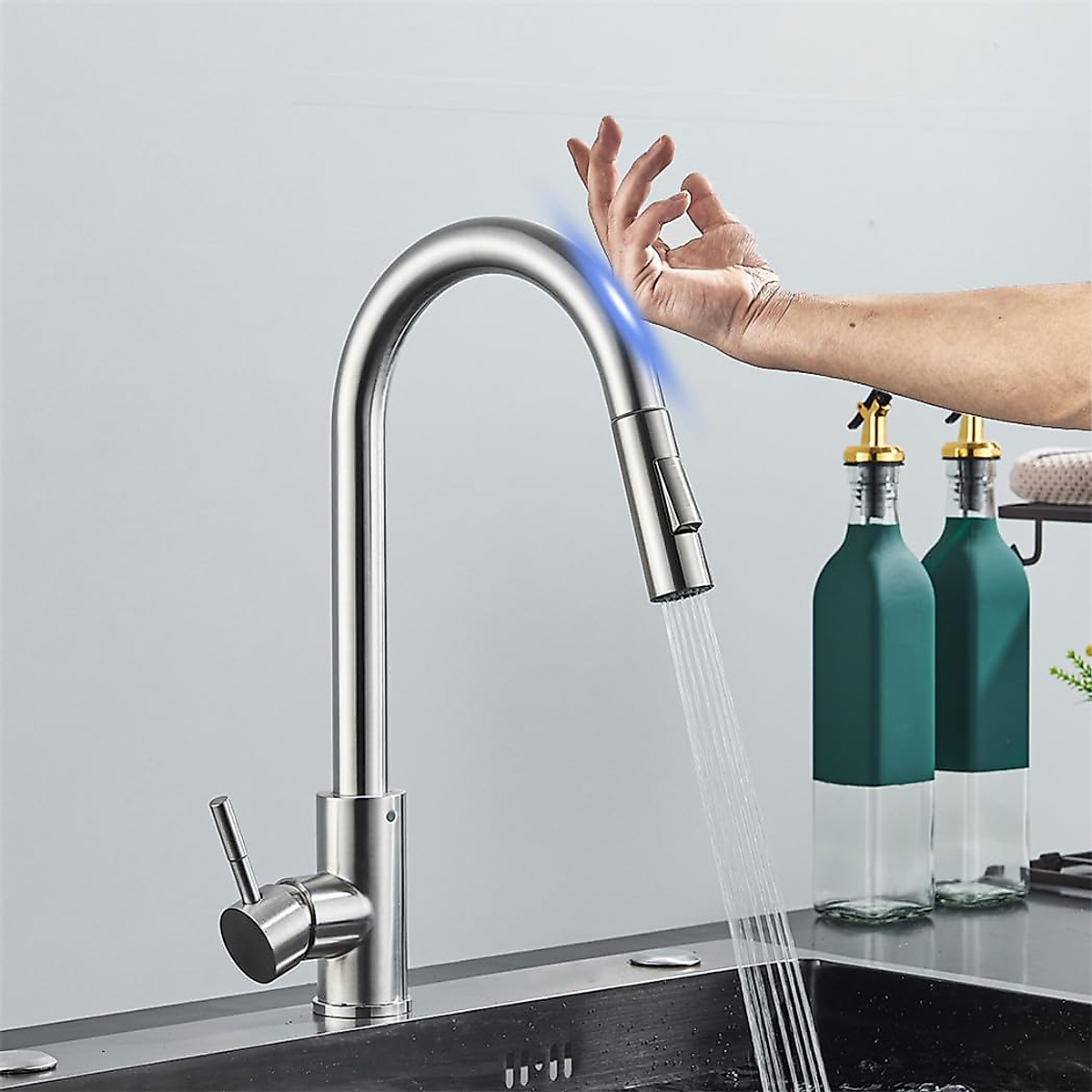 Brushed Smart Touch On Kitchen Faucet Sensor 360 Rotation Pull Out Single Handle Mixer Tap Two Water