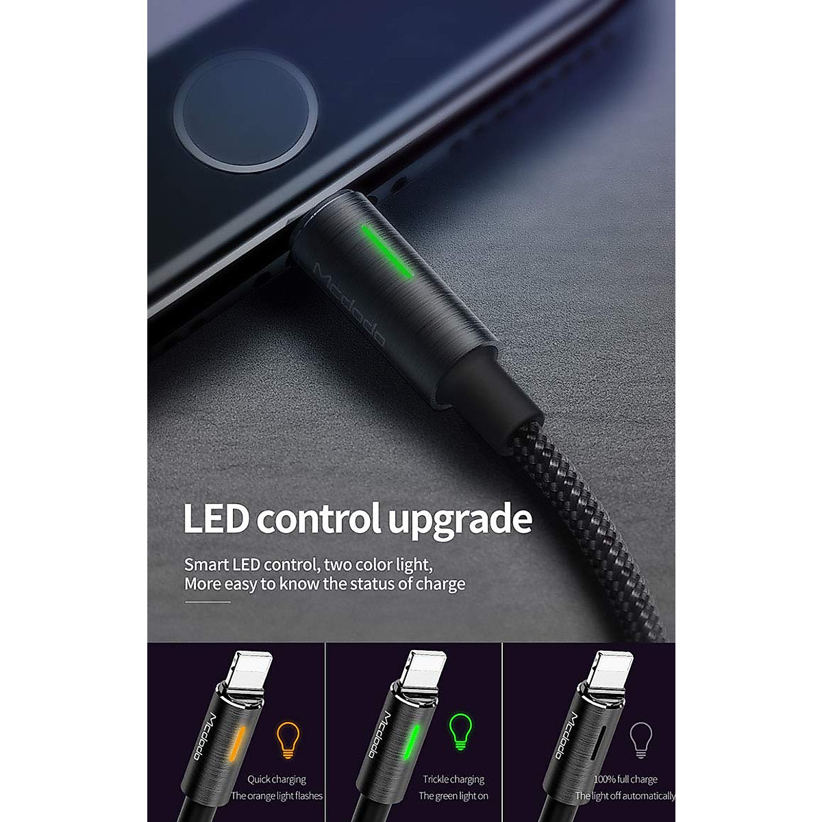 Power Off/On Smart LED Auto Disconnect and Auto Recharge Nylon Braided Sync Charge USB Data 6FT/1.8M Cable Compatible New Phone List Below (Black, 4FT/1.2M)