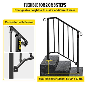 Happybuy Handrails for Outdoor Steps, Fit 2 or 3 Steps Outdoor Stair Railing, Picket#2 Wrought Iron Handrail, Flexible Porch Railing, Black Transitional Handrails for Concrete Steps or Wooden Stairs