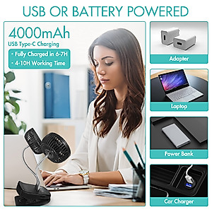 ASKPULION Portable Clip on Fan, Dual Heads Battery Operated Fan, 4000mAh Rechargeable Desk Fan with Flexible Gooseneck for Travel Camping RV Home Office
