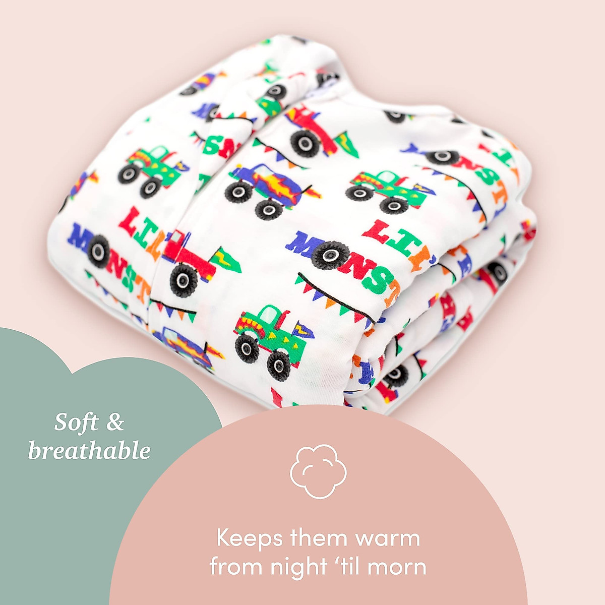 SleepingBaby - Flying Squirrel Wearable Blanket with No-Slip Cuffs for Toddlers - Comfortable Sleepwear - Monster Trucks - 2-3T