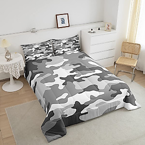 Homewish Boys Kids Camouflage Comforter Set Twin Size Black White Grey Bedding Set 2pcs for Teens Men Bedroom Decor Army Camo Abstract Quilt Set Modern Duvet Insert with 1 Pillowcase