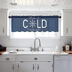 Jacekidy Sheer Valances for Windows, Christmas Valance Curtains Rod Pocket Short Kitchen Valance for Living Room Bedroom Cold Winter Snowflakes Blue Backdrop, 54 x 18 Inch