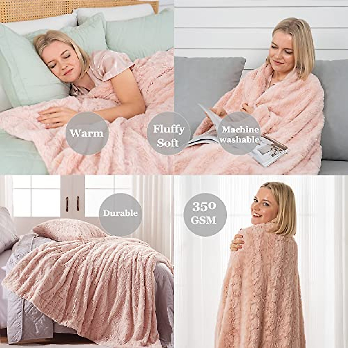 COZYART Faux Fur Throw Blanket for Couch - 50"x60" Pink Super Soft Plush Luxurious and Elegant with Comfy Reversible Microfiber Fluffy Blankets and Throws for Bed Home Decorative