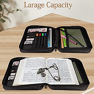 POJAGU Bible Cover, Carrying Bible Book Bag Church Case, Floral Pattern Bible Protective with Handle and Zippered Pocket for Men Women Girls, Black