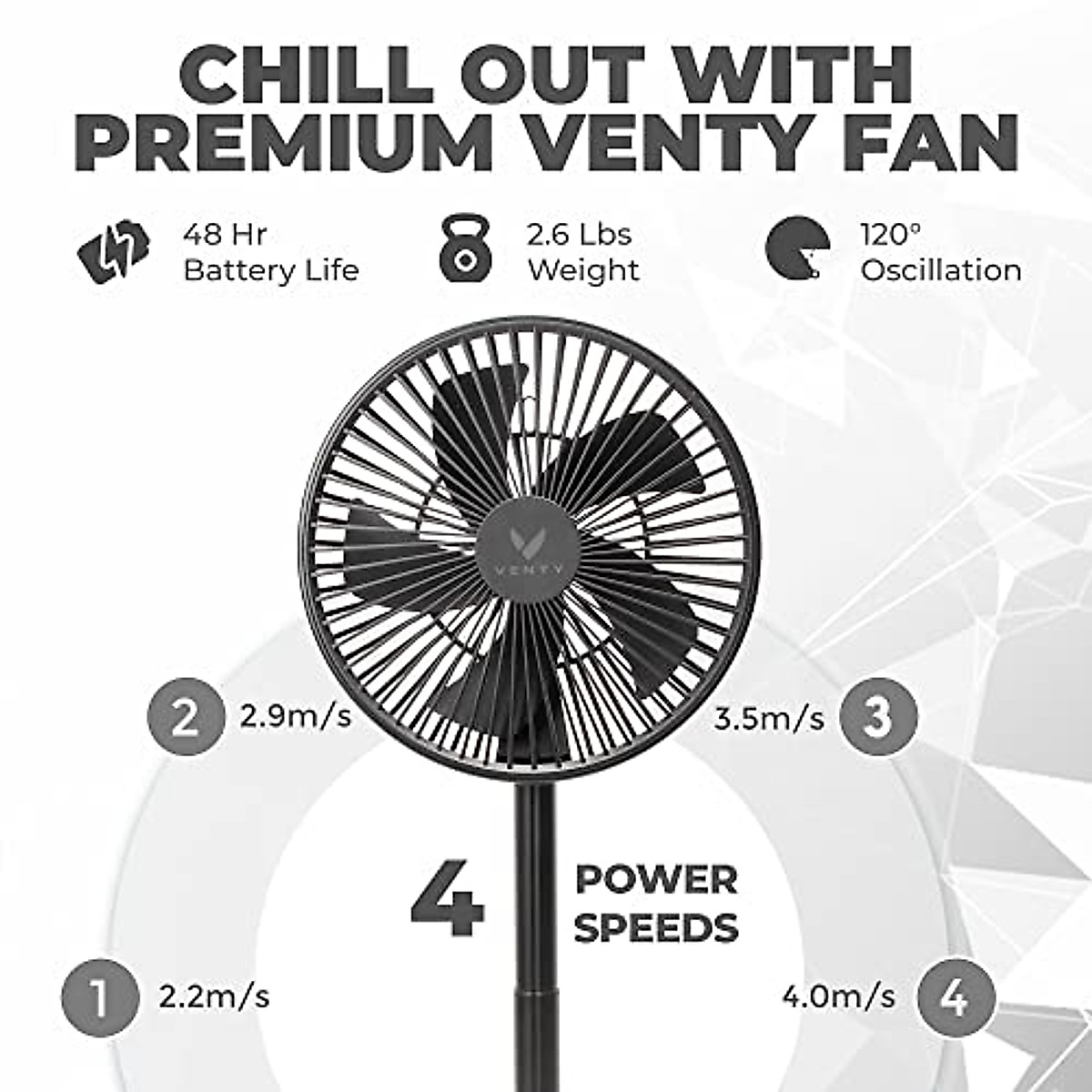 VENTY Original Portable Fan - Wireless Battery Operated Fan With 4 Speeds, LED Lighting, Carry Case & Remote Control - Premium Travel Rechargeable Fan & Power Bank With USB & USB-C Ports (Black)