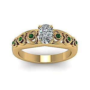 55Carat Heart Design Diamond Accent Ring yellow gold plated Created Emerald Cushion shape Green color Side Stone Engagement Rings bezel Setting in Size 8 Handcraft Chakra Healing