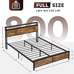 Kiivakii Full Bed Frame with Headboard Storage, LED Platform Bed with USB Ports for Bedroom Farmhouse, Heavy Duty, Wooden Board Decoration, Noise Free No Box Spring Needed, Rustic Brown