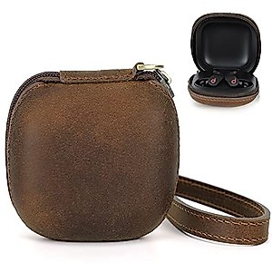 Miimall Compatible for Beats Fit Pro Case Cover, [Storage Box] [Anti-Lost Strap] [Vintage Style] Zipper Design Crazy Horse Leather Case for Beats Fit Pro (Coffee)