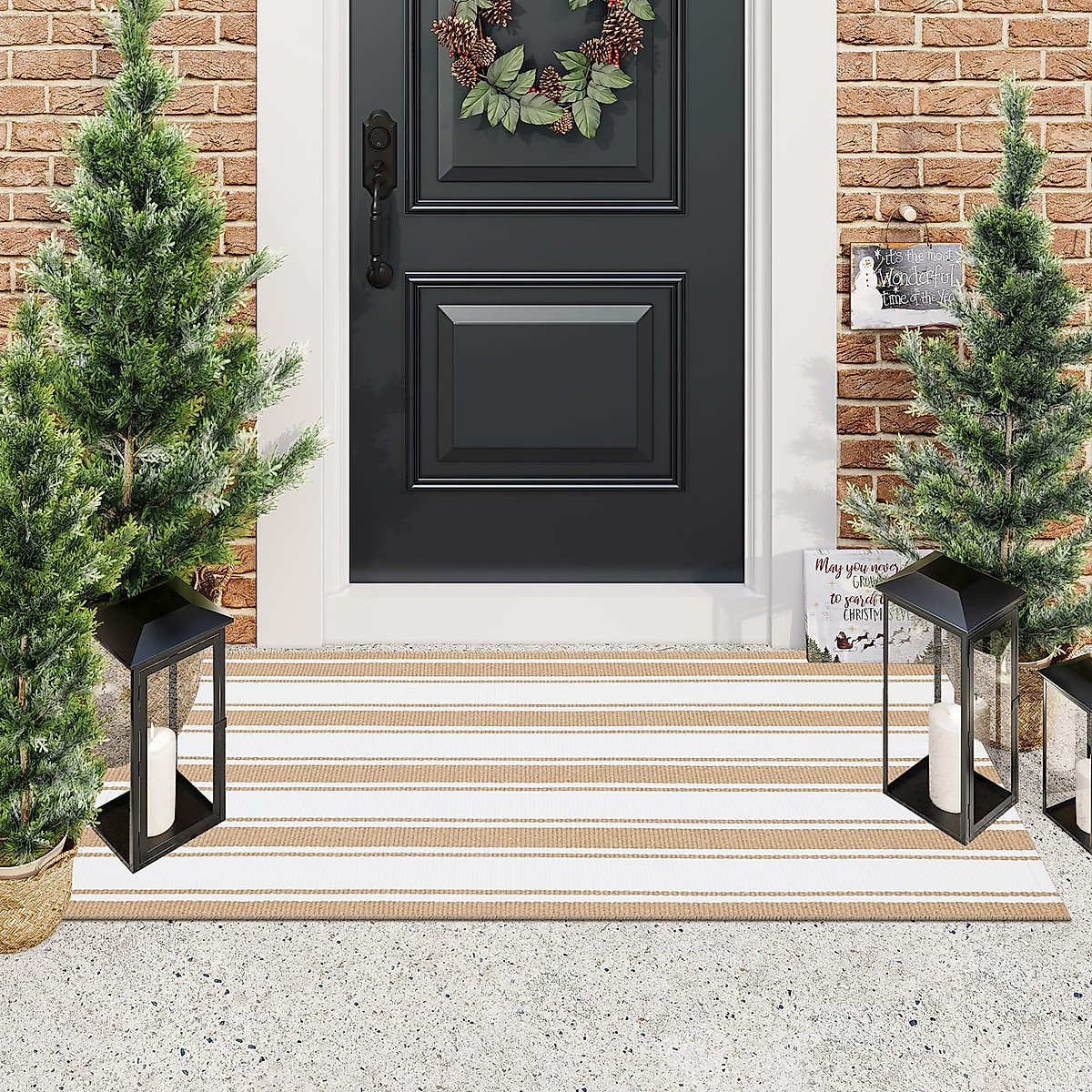 Collive Tan Outdoor Rug, 2x4.3 Striped Front Door Rug Cotton Hand-Woven Reversible Welcome Mats Outdoor Layering Rug Modern Porch Rugs for Farmhouse Entryway Entrance Decor