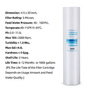 Geekpure 20-Inch Whole House Replacement Water Filter Cartridges PP Sediment and Block Carbon Filters-4.5 Inch x 20 Inch -5 Micron (Pack of 6)