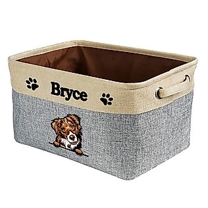 MALIHONG Custom Foldable Storage Basket with Cute Dog Australian Shepherd Collapsible Sturdy Fabric Pet Toys Storage Bin Cube with Handles for Organizing Shelf Home Closet, Grey and White