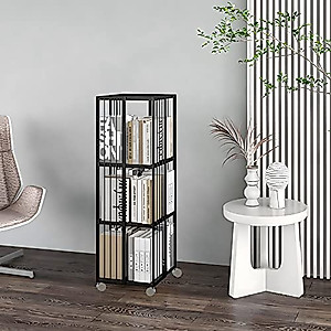 Huhote Rotating Bookcase Black 3 Tiers Metal Bookshelf, 360°Cubic Large Capacity for Small Space with Storage and Creative Multi-Layer Shelves,Magazine&Books for Bedroom Living Room Study and Office