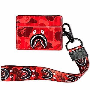 Camouflage Shark Mouth Silicone AirPods Pro Case Anti-Lost with Wrist Lanyard, Smooth EarPods Case for AirPods Pro Trunk Charging Case Fashion Shockproof Cover for Couples (Red)