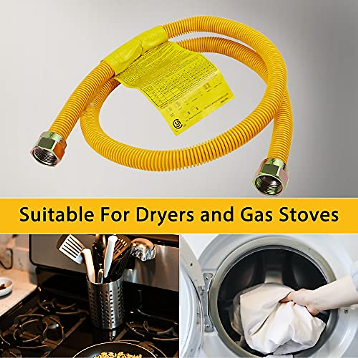 Hosile 48" Flexible Gas Line Kit for Dryer, Stove, Range, Stainless Steel Gas Dryer Connector Kit, 5/8 in.OD(1/2 in. ID）Dryer Gas Line with Connector 1/2" FIP & 1/2" MIP & 3/4" MIP Fitting