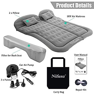 Nifusu SUV Air Mattress, Inflatable Thickened Car Mattress Backseat Fit for 2 People, Double-Sided Flocking Air Bed with Car Air Pump, Portable Sleeping Pad for Road Trip Camping, Outdoor Travel Grey