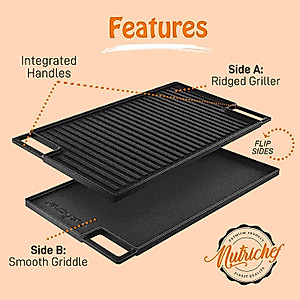 NutriChef 18 Inch Cast Iron Griddle Skillet Reversible Grilling Plate Pan For Stove Top with Heat Resistant Oven Grab Mitt, Black (2 Pack)