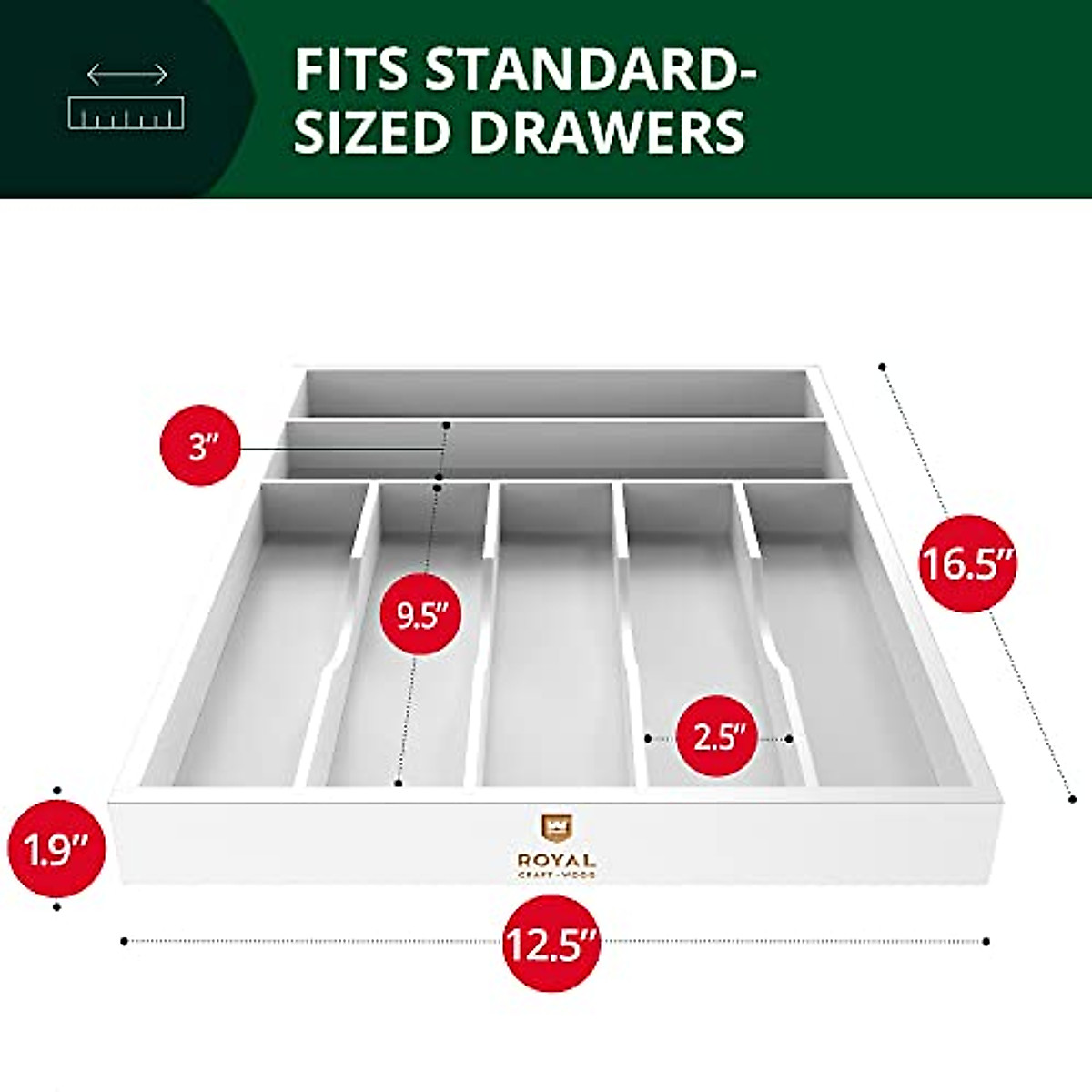 ROYAL CRAFT WOOD Luxury Bamboo Caddy Kitchen Drawer and Silverware Organizer, Utensil Holder and Cutlery Tray with Grooved Drawer Dividers for Flatware 7 Slot, White