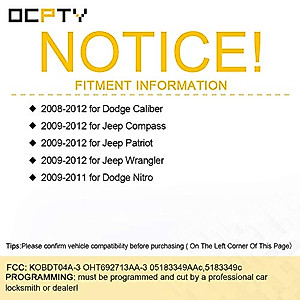 OCPTY Key Fob Shell Case 4 Buttons for Dodge for Jeep For for Chrysler KOBDT04A (Pack of 2)