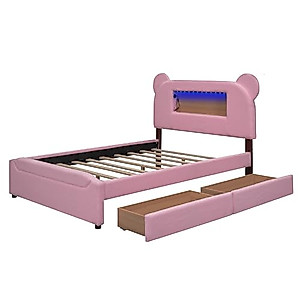 BOVZA Full Size Upholstered Storage Platform Bed Frame with Cartoon Ears Shaped Headboard, 2 Drawers, LED and USB, Pink
