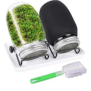 Complete Sprouting Jar Kit | 2 Wide Mouth Mason Jars with 316 Stainless Steel Sprout Lids | Blackout Sleeves, Tray, and Stand Included | Perfect for Broccoli, Alfalfa, and More