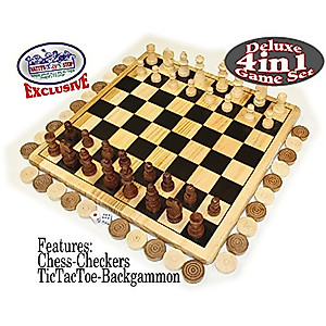 Matty's Toy Stop Deluxe 4-in-1 Reversible Chess, Checkers, Tic Tac Toe & Backgammon Wooden Board Game Set