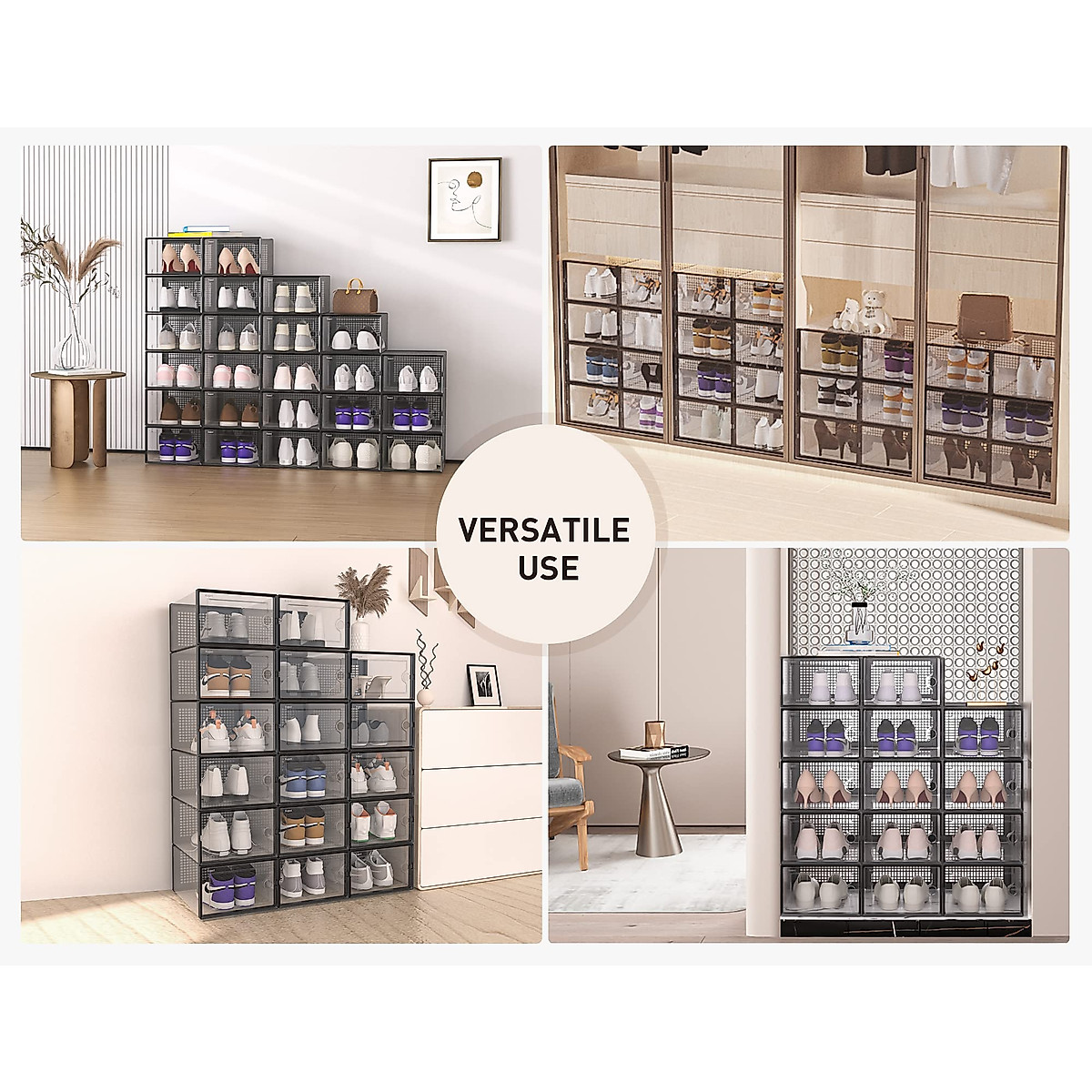 Kuject Large Shoe Organizer Storage Boxes for Closet, Fit Size 11, Clear Plastic Stackable Sneaker Containers Bins with Lids, Great Substitute for Shoe Rack, Space Saving for Entryway, Black, 12 Pack