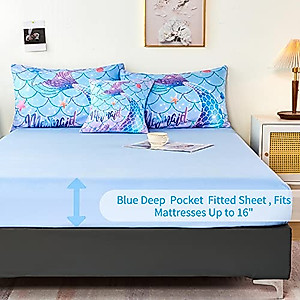 RYNGHIPY 6Pcs Mermaid Tail Comforter Set for Kids Girls, Mermaid Fish Scale Bed in a Bag Twin Size, Sparkle Teal Purple Rainbow Bedroom Decor Bedding Set