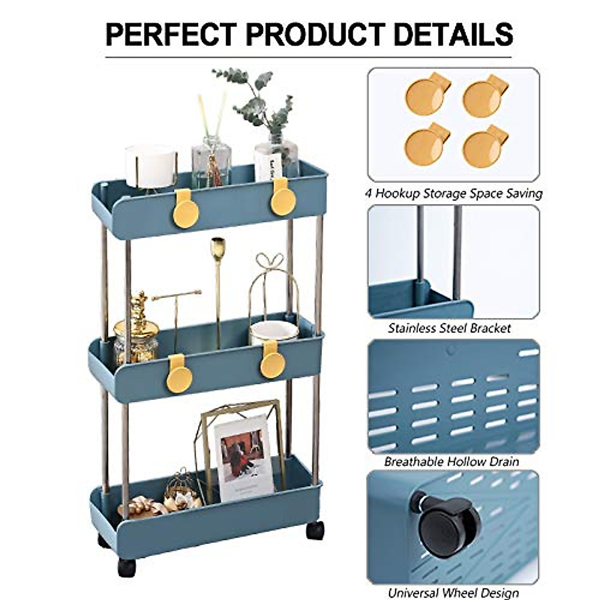 Melody House 3-Tier Slim Mobile Shelving Unit on Wheels, Slide Out Rolling Bathroom Storage Organizer, Utility Carts Shelf Rack for Kitchen Bathroom Laundry Room Narrow Places, Navy Blue