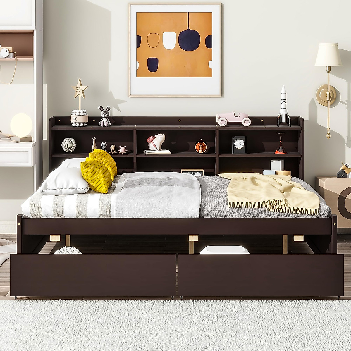 DaiNNCN Full Size Daybed with Storage Bookcases Headboard,Captains Corner L-Shaped Bed with 2 Drawers,No Box Spring Needed for Kids Boys Girls,Espresso