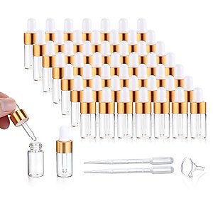 50 Pack,3ml Clear Glass Dropper Vial for Essential Oils,Empty Mini Glass Eye Dropper Bottle With Golden Aluminum Lid,Pure Glass Pipette Travel Sample Test Liquid Container-Pipette&Funnel Included