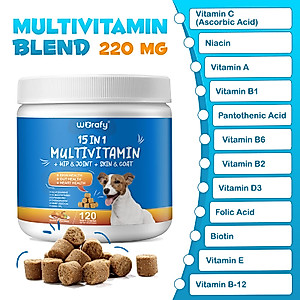 Dogs Multivitamin Chews, for Gut, Skin and Heart Health, Nutrition Supplements for Digestion, Immune System, Dog Treats with Glucosamine, Probiotic, Chondroitin and Hemp Oil, 120 Chews, Duck Flavor