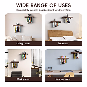 SAUCE ZHAN Floating Bookshelves for Wall, 2 Pack Thickened & Firm Invisible Book Shelf Floating with Elastic Bands, Rustic Natural Wood Unique Hanging Bookshelf Decor for Bedroom, Living Room, Office