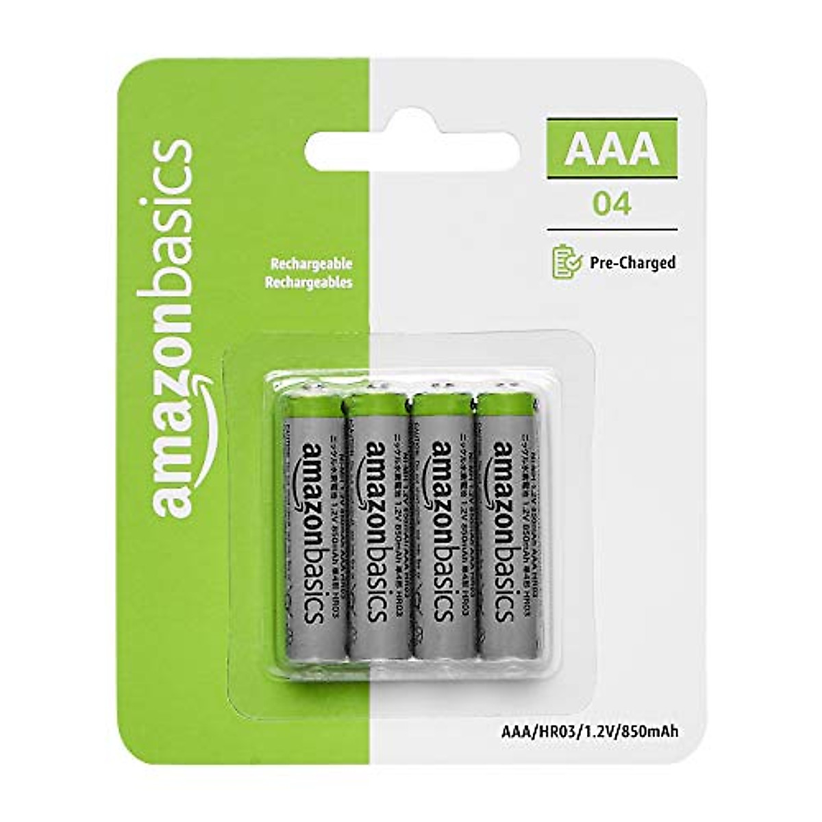 Amazon Basics 4-Pack Rechargeable AAA NiMH High-Capacity Batteries, 850 mAh, Pre-Charged