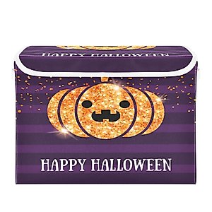 Krafig Halloween Pumpkin Decorative Storage Box with Lid Large Bins Baskets Foldable Cube Organizer Collapsible Containers for Organizing, Toy, Home, Shelf, Closet