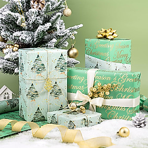 WRAPAHOLIC Reversible Christmas Wrapping Paper - Mini Roll - 17 Inch X 33 Feet - Watercolor Green Christmas Tree and Merry Christmas with Metallic Foil Shine for Holiday, Party, Celebration