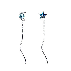 SLUYNZ 925 Sterling Silver Blue Crystal Star Moon Dangle Earrings Chain for Women Star Dangling Earrings Threader Tassel (A-Silver)