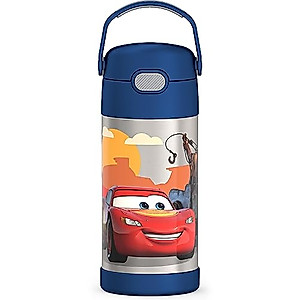 THERMOS FUNTAINER 12 Ounce Stainless Steel Vacuum Insulated Kids Straw Bottle, Cars