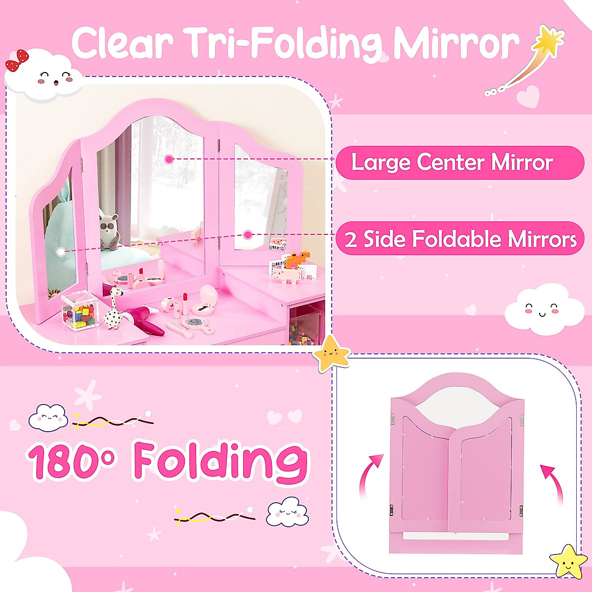 KOTEK Kids Vanity Table and Chair, 2 in 1 Wooden Princess Dressing Desk with Detachable Tri-Folding Mirror & Storage Shelves, Girls Pretend Play Beauty Makeup Vanity for Bedroom (Pink with Chair)