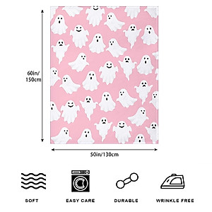 Pink Ghost Blanket for Girls Women Kids Flannel Plush Cute Throw Blanket Soft Cozy Throw Blankets for Couch Bed Sofa Pink Halloween Kawaii Living Room Decor Blankets Gifts for All Season 50x60 Inch