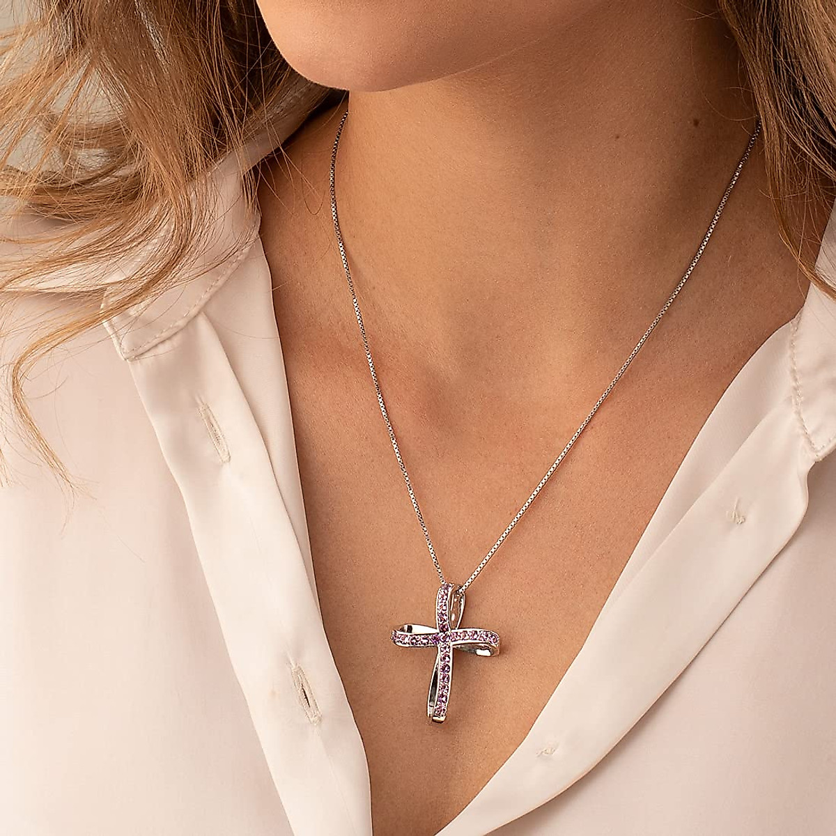 PEORA Amethyst Cross Pendant Necklace for Women 925 Sterling Silver, Natural Gemstone, 1.25 Carats total, with 18 inch Chain