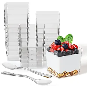 Exquisite Mini Dessert Cups with Spoons 200 Pcs - 3.6 Oz Square Dessert Cups With Tasting Spoons 100 Sets | Mini Parfait Cups | Appetizer Cups For Party | Plastic Dessert Cups