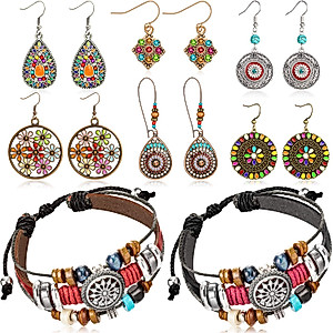 6 Pairs Bohemian Vintage Dangle Earrings Boho Retro Rhinestone Drop Earrings and 2 Pieces Vintage Bohemia Beaded Bracelet Jewelry Multi-layer Woven Bracelet