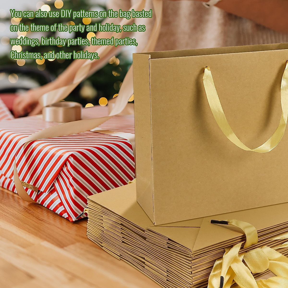Rcybeo 15 Pack 10.6x3.1x8.3 Inch Brown Gift Bags, Kraft Paper Bags with Tissue Paper, Brown Paper Bag with Ribbon Handles for Retail, Grocery, Boutique, Wedding, Birthday, Party Supplies and Gifts
