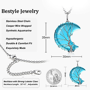 Bestyle Tree of Life Crescent Moon Necklace, Synthetic Aquamarine Gemstones Healing Crystal Necklaces, March Birthstone Pendant for Women, Statement Birthday Jewelry Gifts