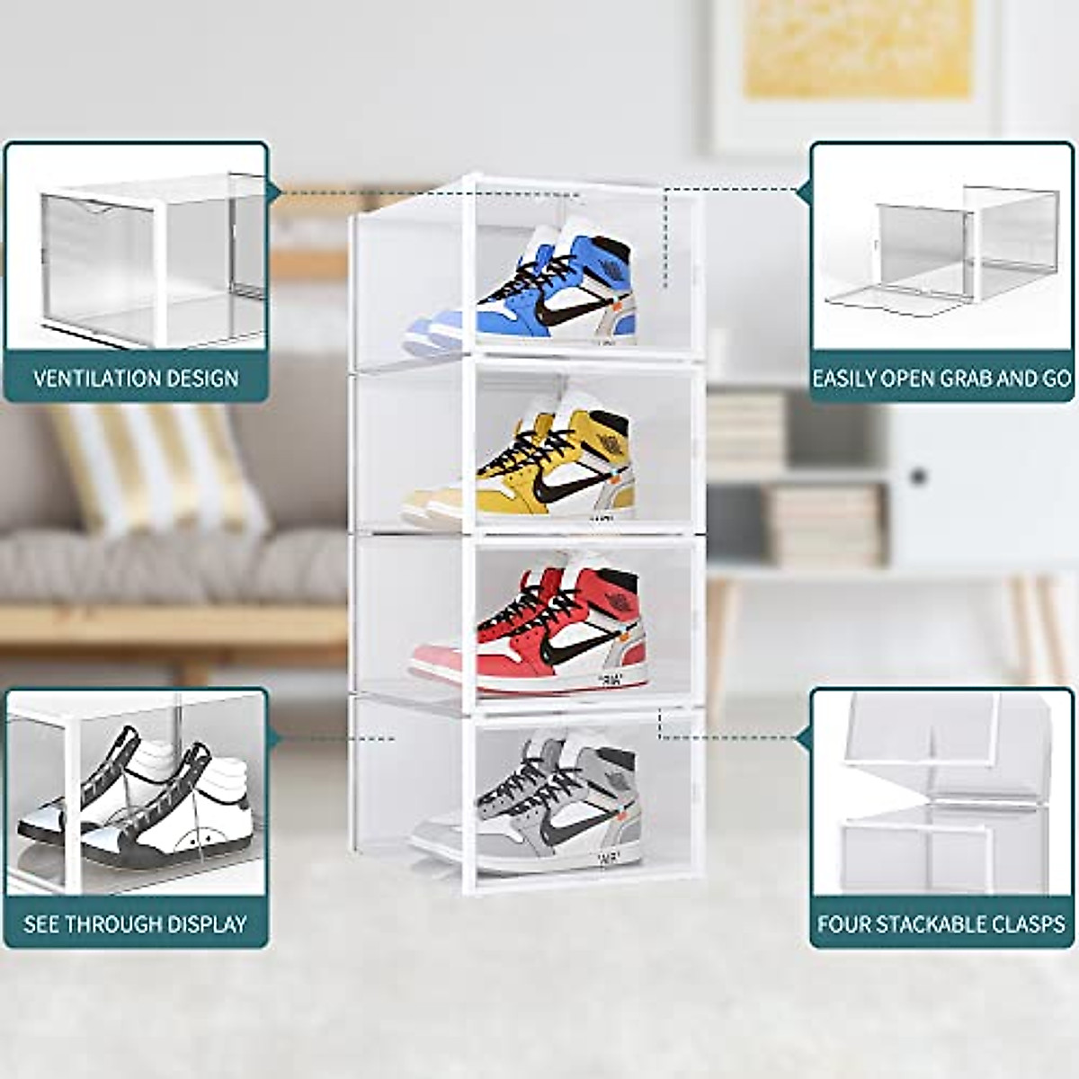 WAYTRIM Clear Plastic Shoe Storage Boxes, Foldable 18 Pack Stackable Shoe Organizer for Closet, Drop Front Door Sturdy Sneaker Containers for Women’s Size 14 - Large