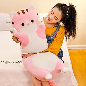 MDXMY Long Stuffed Cat Plush Pillow Cute Cat Stuffed Animals Soft Long Body Throw Sleeping Pillow(Pink,19.6inch)