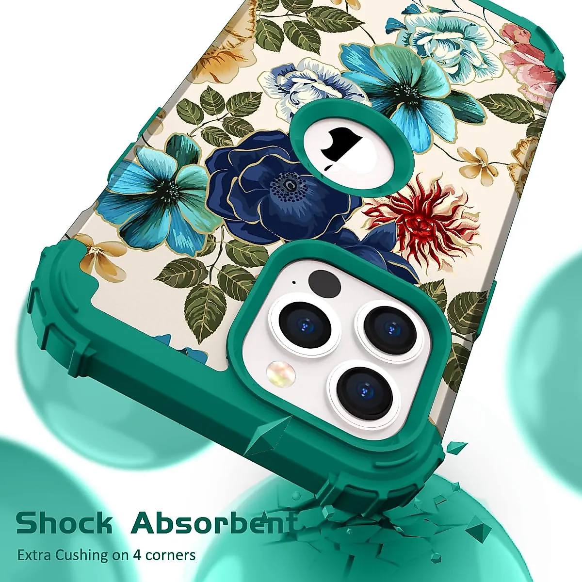 Hocase for iPhone 13 Pro Max Case, Heavy Duty Shockproof Protection Soft Silicone Rubber Bumper+Hard Plastic Hybrid Protective Case for iPhone 13 Pro Max (6.7") 2021 - Teal Flowers